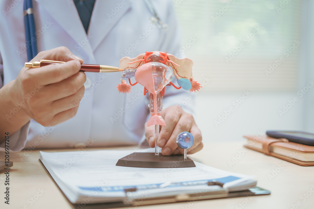 Male doctor treating female uterine diseases at hospital table ...