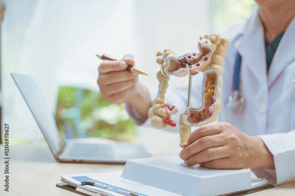 Male doctor treating intestinal diseases at a hospital table ...