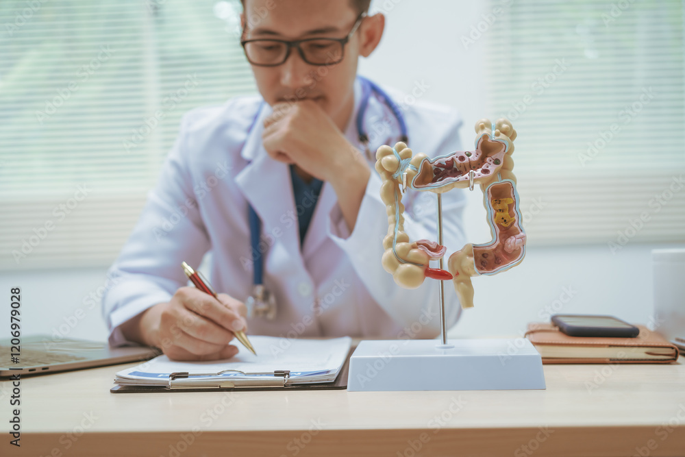 Male doctor treating intestinal diseases at a hospital table ...