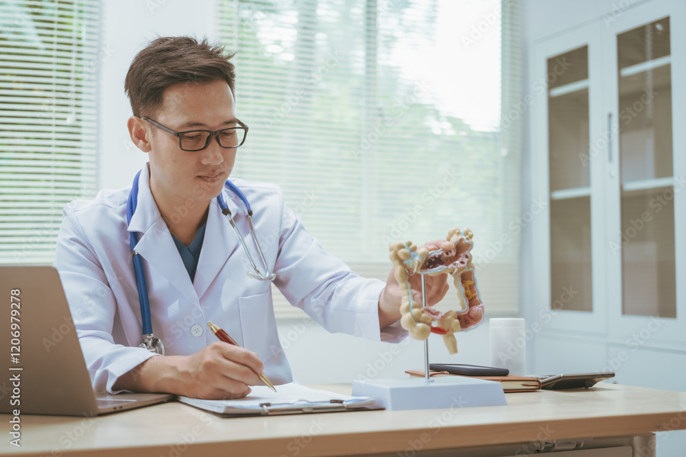 Male doctor treating intestinal diseases at a hospital table ...