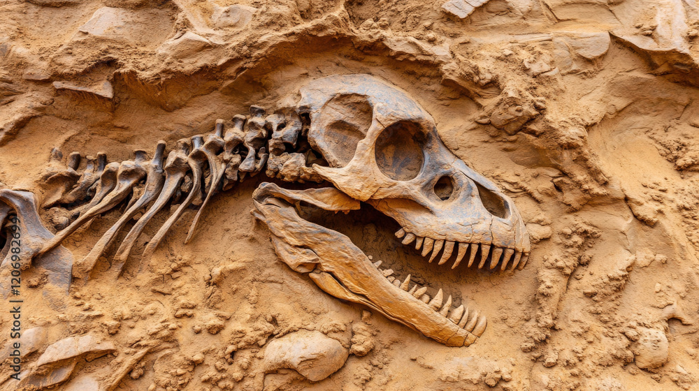 Fossilized dinosaur skeleton embedded in sedimentary rock, showcasing ...