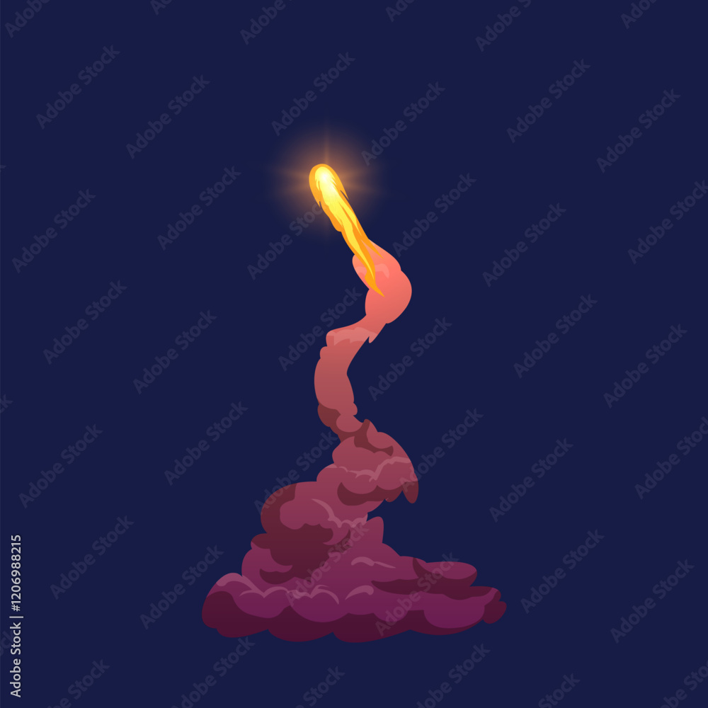 Cartoon rocket smoke flame curve trail, fireball launch, vector red ...