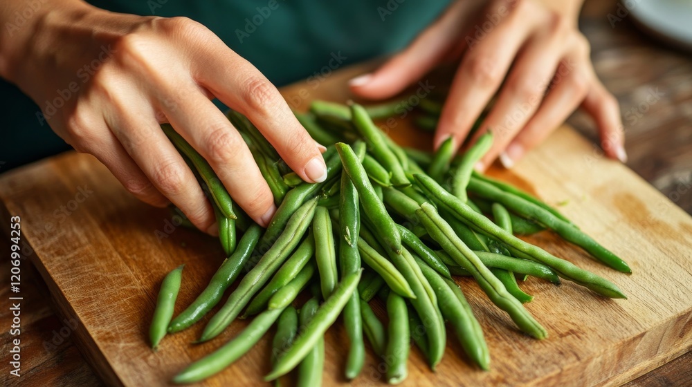 54.A top-down view of green beans being chopped by a womanâ€™s hands on ...