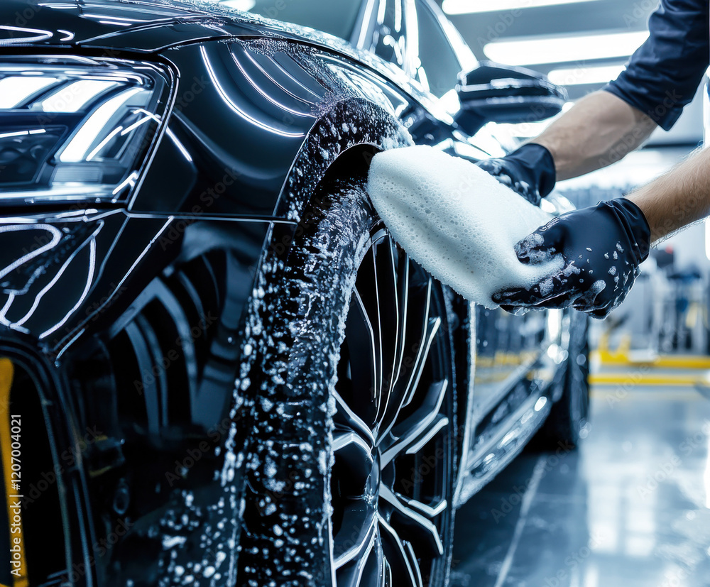 Efficient car detailing process with foam wash in a modern auto repair ...