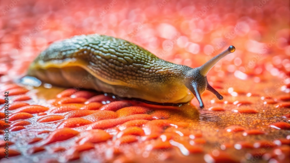 Close-up of a slug leaving a trail of slime on a coral surface, animal ...