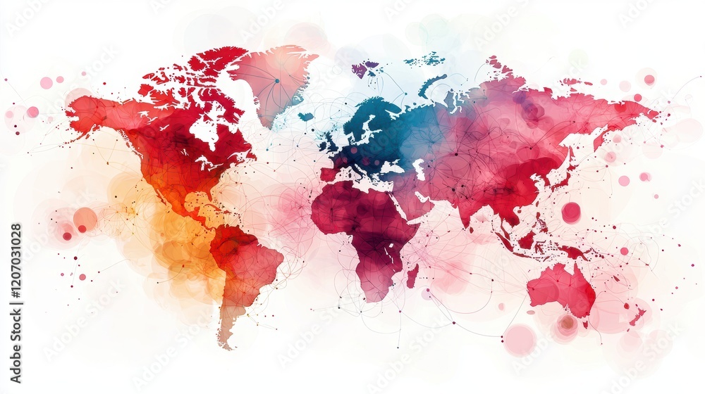 Multicultural or Global Team World map with interconnected lines and ...