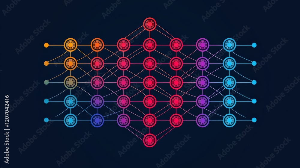 machine learning deep training concept. Abstract illustration of interconnected nodes in vibrant ...