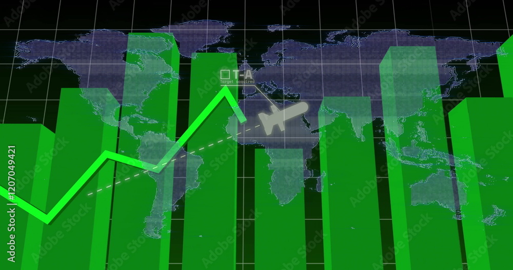 Green bar and line graph image over world map with grid background ...