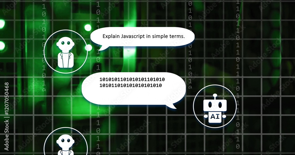 Binary code and AI robots with speech bubbles, programming language image Stock Illustration ...