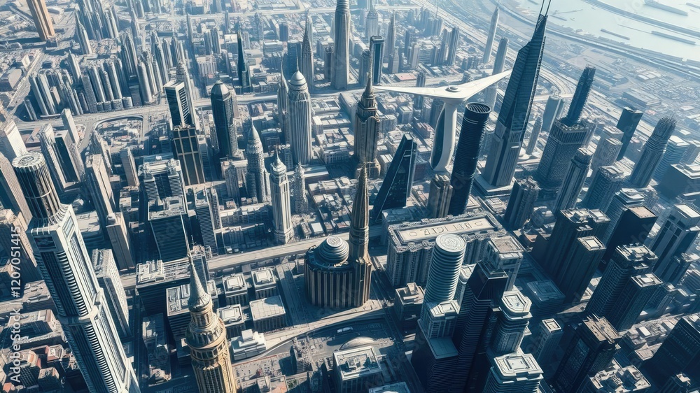 Aerial view of a sprawling futuristic metropolis with towering ...