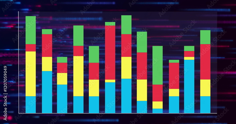 Colorful bar graph image over fast-moving digital data lines in blue ...