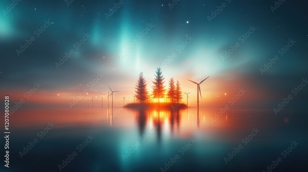 Offshore wind energy park illuminated by aurora borealis tranquil ...