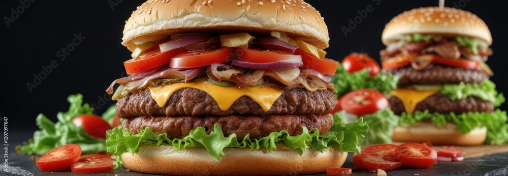 A stunning image of a giant burger with floating layers of beef patties ...