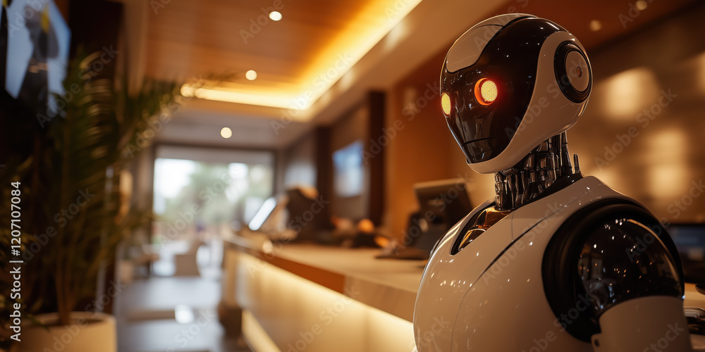 humanoid robot in suit stands behind modern reception counter in warmly ...