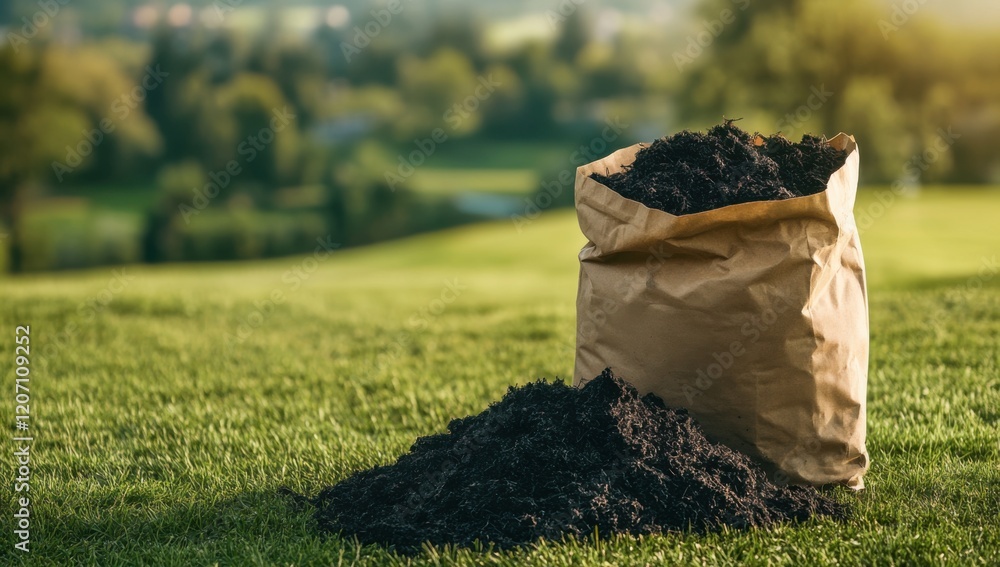 Large heavy paper bag filled with biochar on a grassy field ...