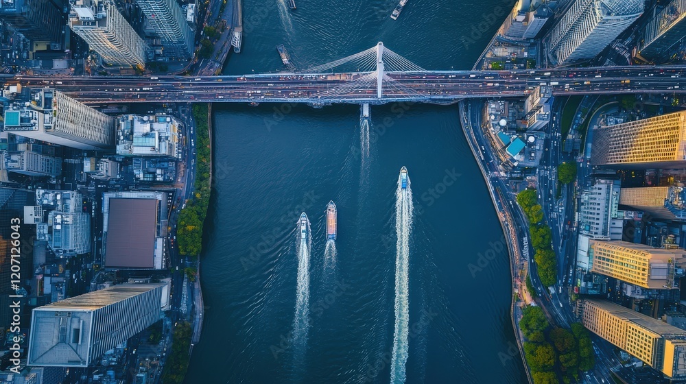 captivating aerial view of the Sumida River winding through Tokyo, with ...