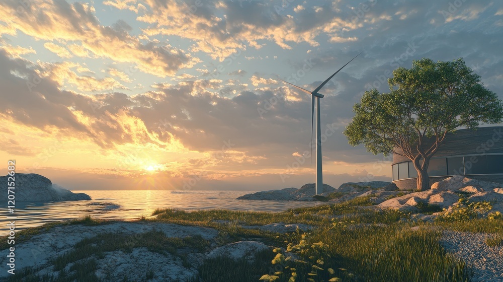 modern wind turbine spinning to harness wind energy, showing the ...