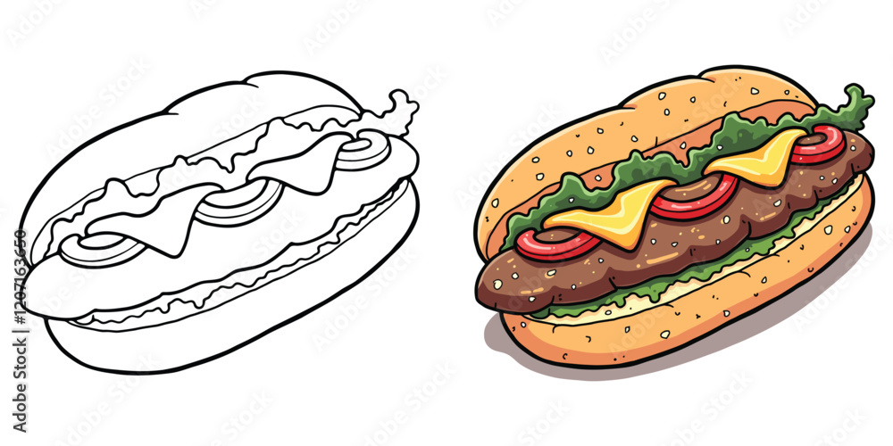 Philly Cheesesteak Line Art Vector Illustration Black and White with ...