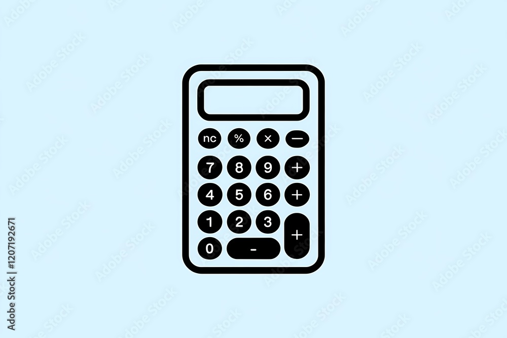 A simple black outline calculator icon on a light blue background. It ...