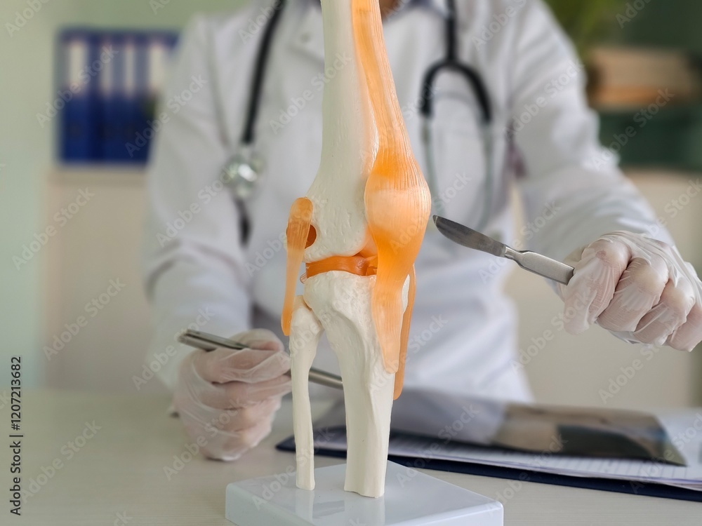 Knee arthroscopy and knee surgery. Doctor holds scalpel and model of ...