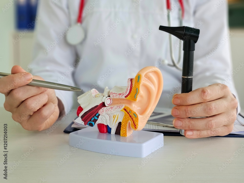 Doctor with model of human ear anatomy and otoscope. Ear disease ...