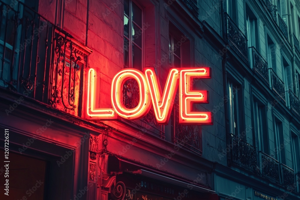 Neon sign on the building in Paris, neon text "LOVE", red light ...