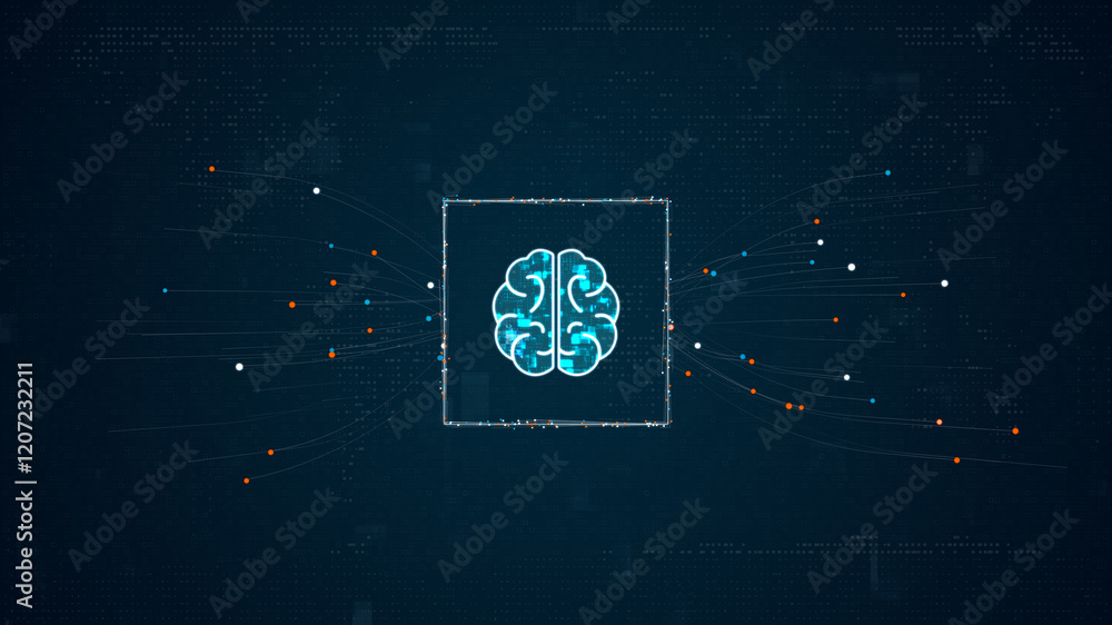 Blue digital brain AI assistant logo with particles dot spread on ...