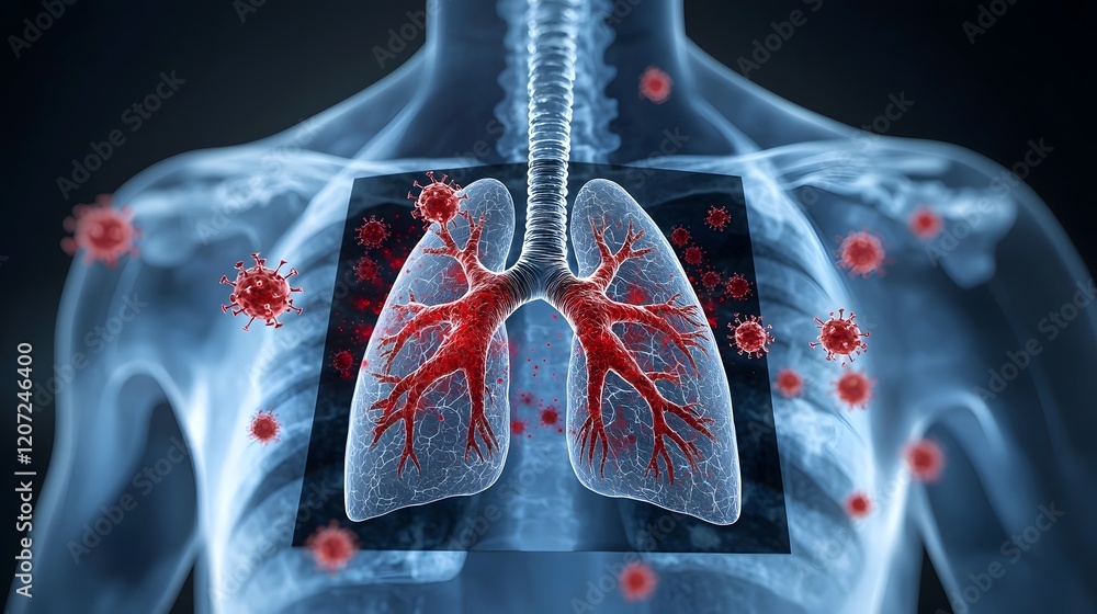 Detailed chest X ray image highlighting the severe spread of a viral ...