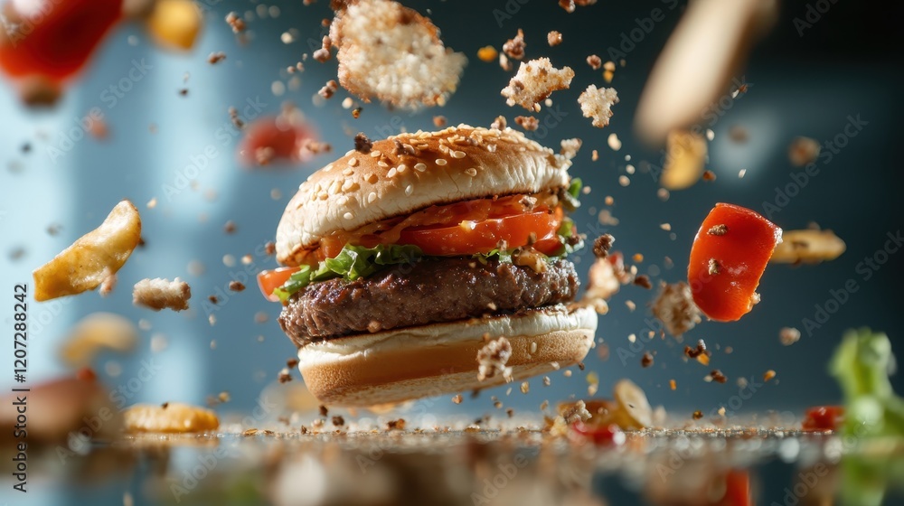 A levitating hamburger with flying toppings and ingredients represents ...
