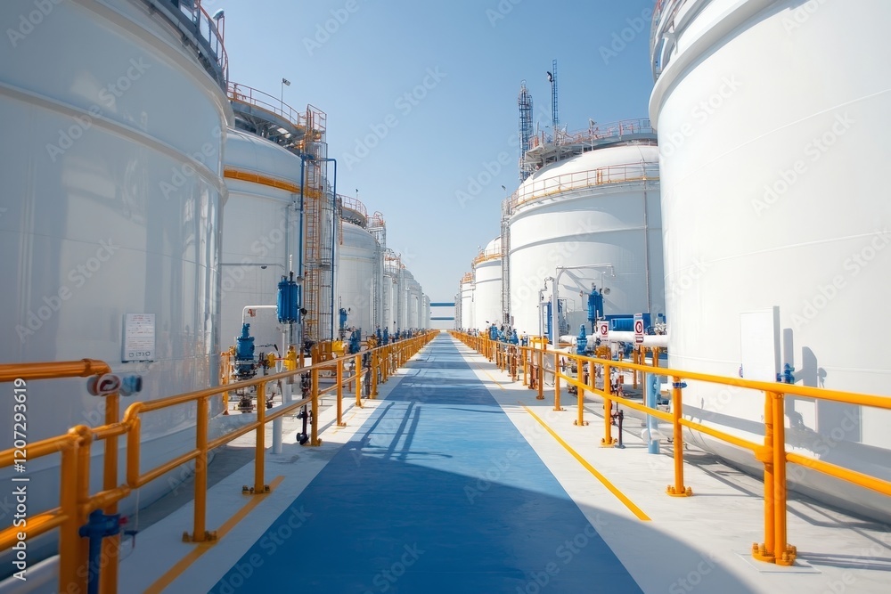 Storage tanks line a walkway at an industrial facility under clear blue ...