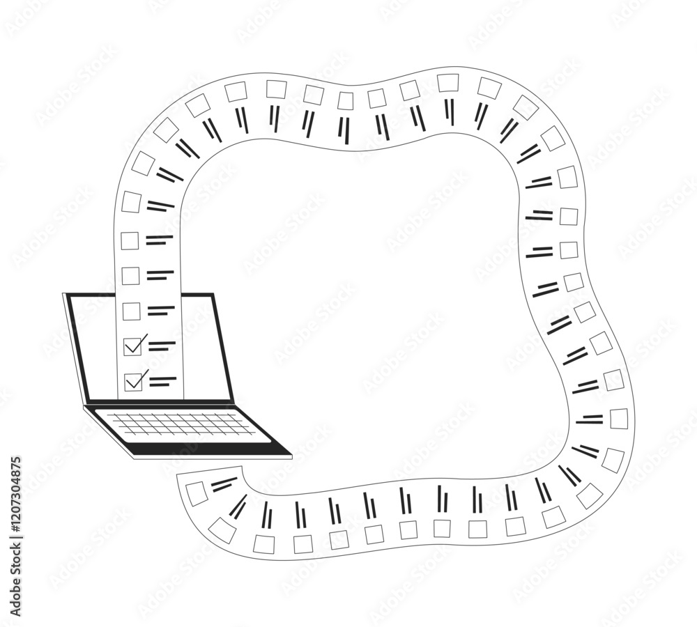 Laptop with continuity list tasks black and white 2D line object ...