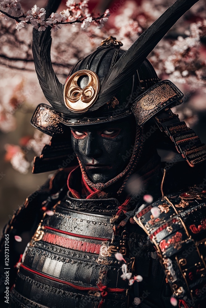 Samurai warrior dressed in traditional armor standing under cherry blossom trees, showcasing ...