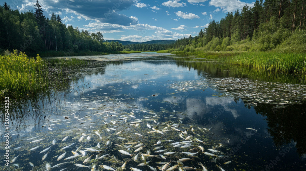 Polluted lake in a forested area with multiple dead fish floating on ...