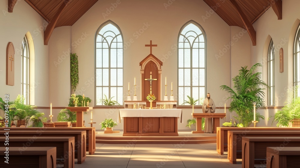 Catholic church interior with altar, wooden benches, tall arch window ...