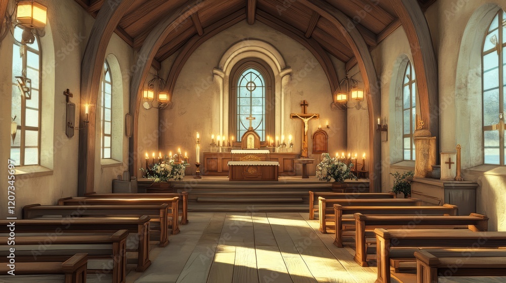 Catholic church interior with altar, wooden benches, tall arch window ...