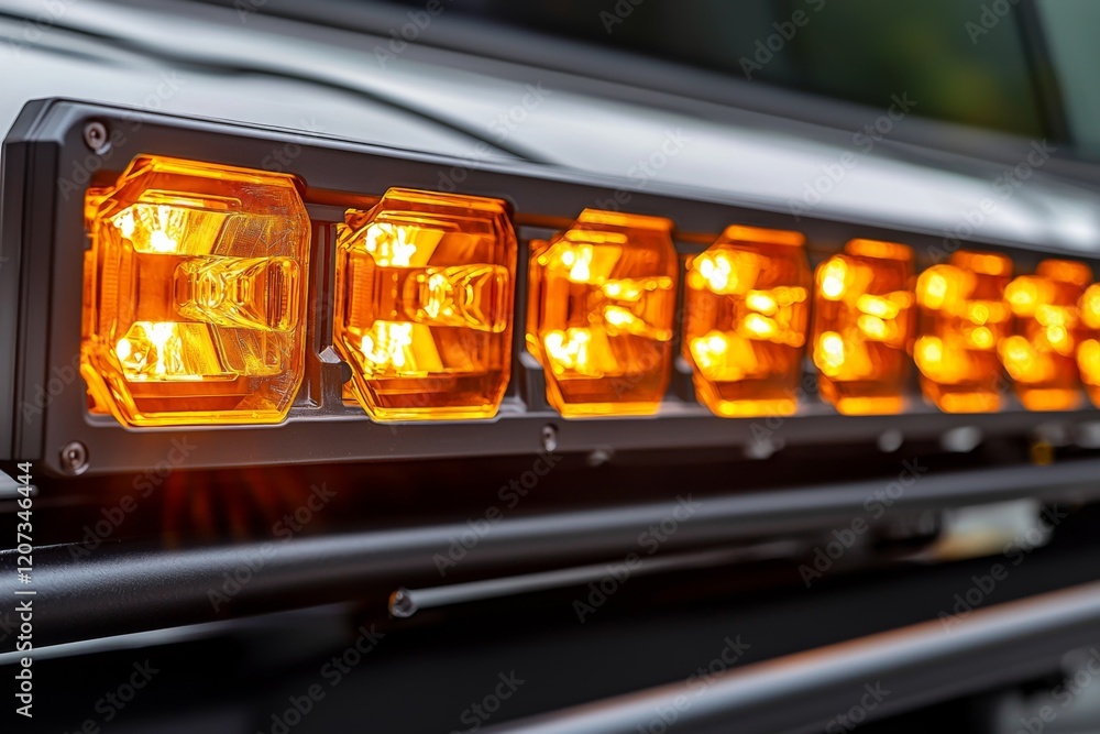 Emergency vehicle light bar with bright orange LED lights mounted on a ...