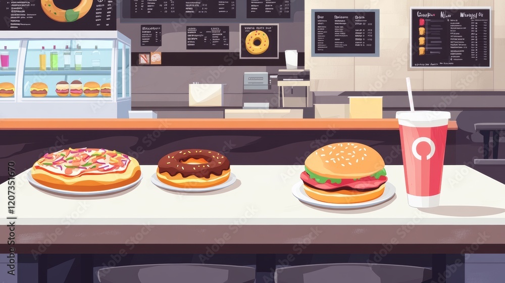 Fast food restaurant interior. Burger, pizza, donut and drink on tray ...