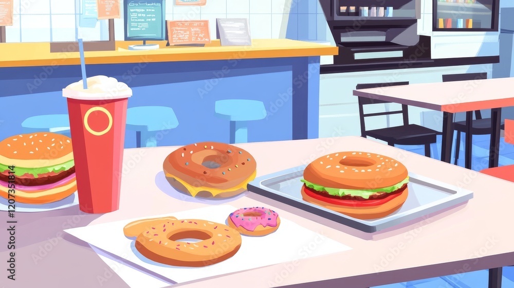 Fast food restaurant interior. Burger, pizza, donut and drink on tray ...