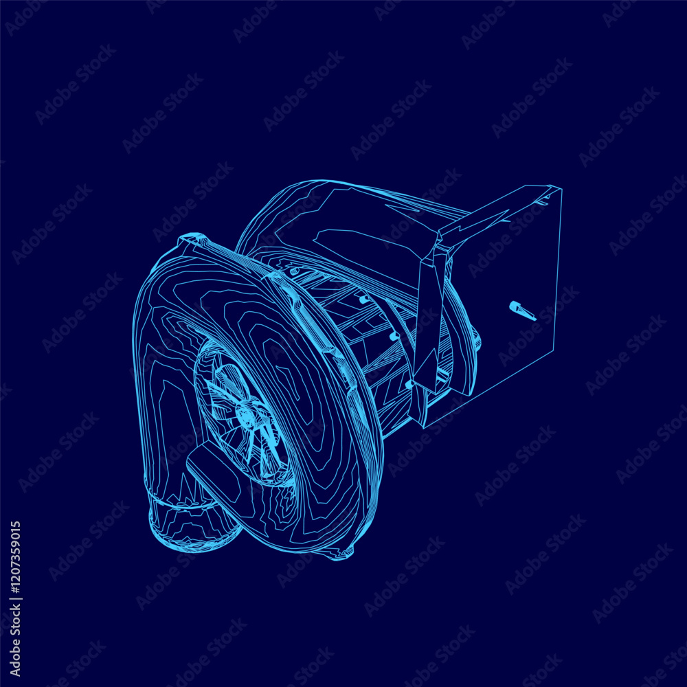Blue drawing of a car engine with a turbo. The engine is shown in a 3D ...