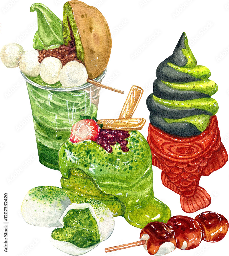 Matcha dessert variety sweets, Icecream, Dango, Pancake, Daifuku and ...