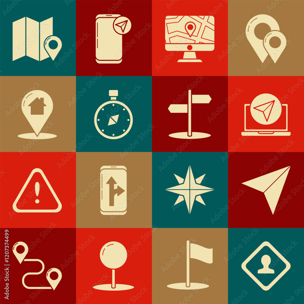 Vector de Stock Set Road traffic sign, Paper airplane, Infographic of city map navigation ...