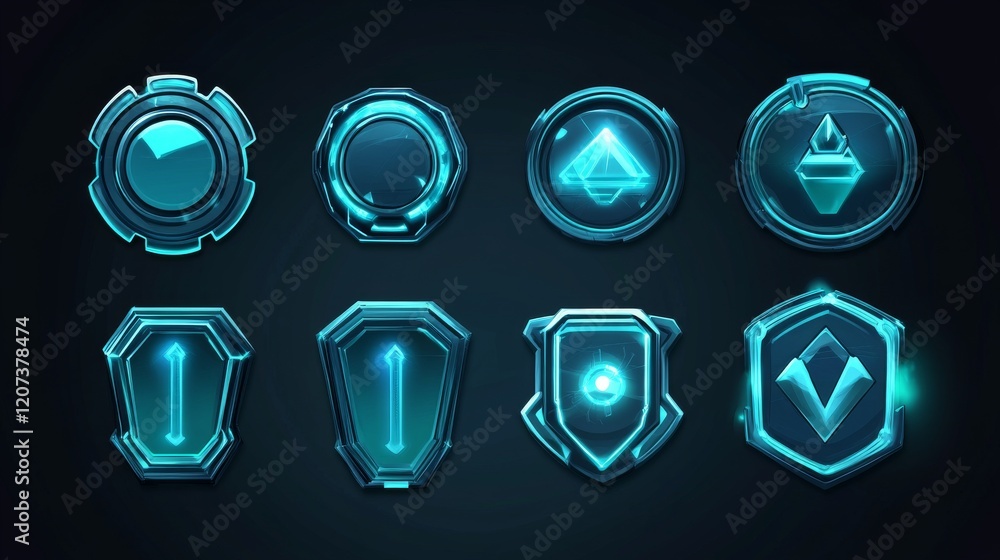 Futuristic badges with level number and experience points for game ui design. Vector cartoon ...