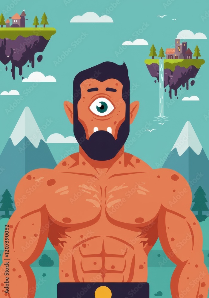 Cartoon cyclops in fantasy landscape with floating islands and ...
