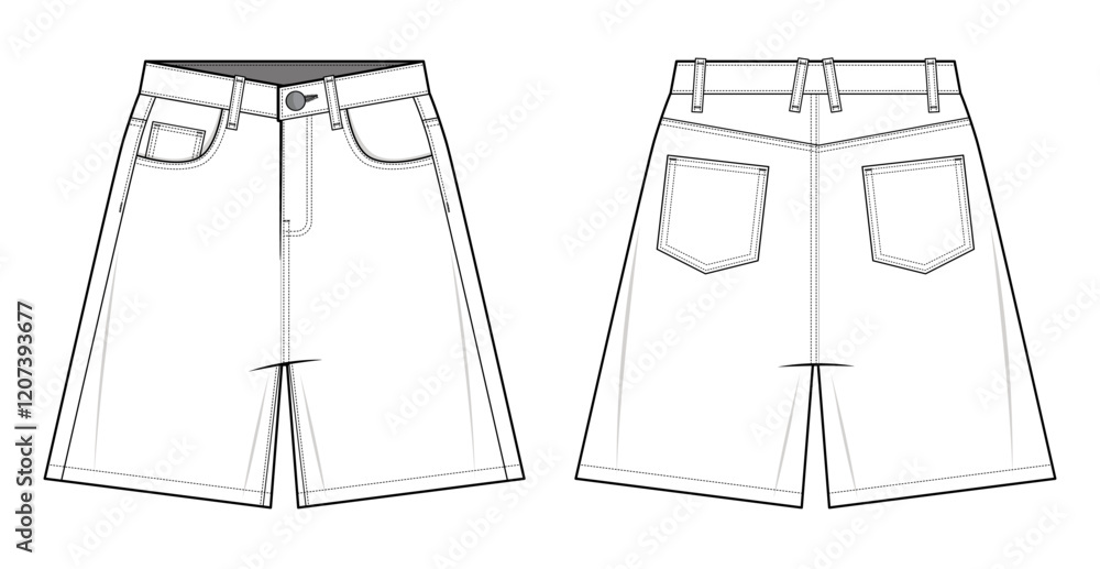 Denim shorts technical fashion illustration. Retro Jorts fashion vector ...
