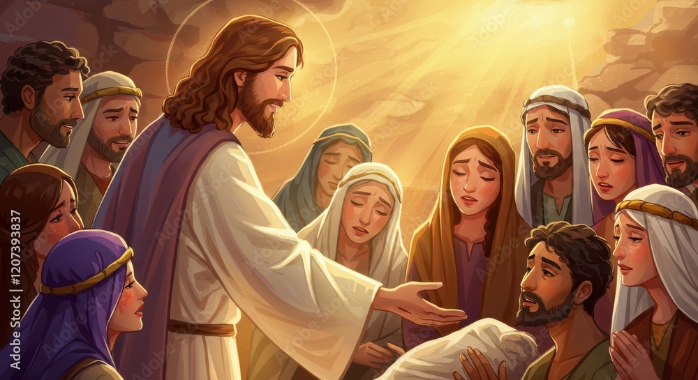 Biblical scene of jesus blessing disciples with compassion and light ...