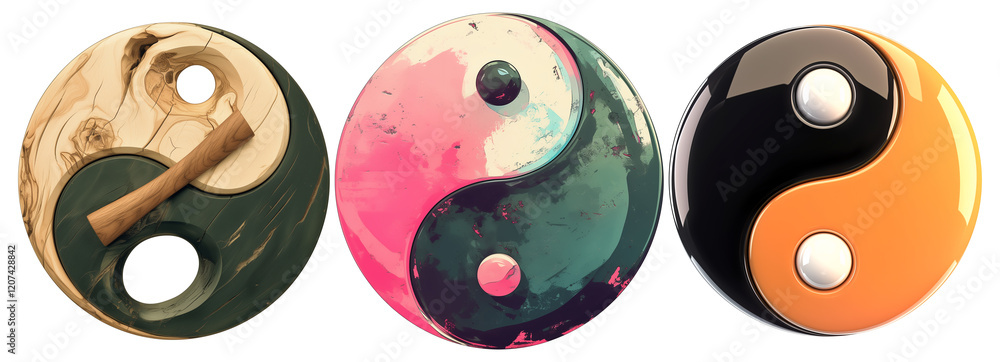 Three unique Yin Yang symbols are displayed, each with distinct designs ...