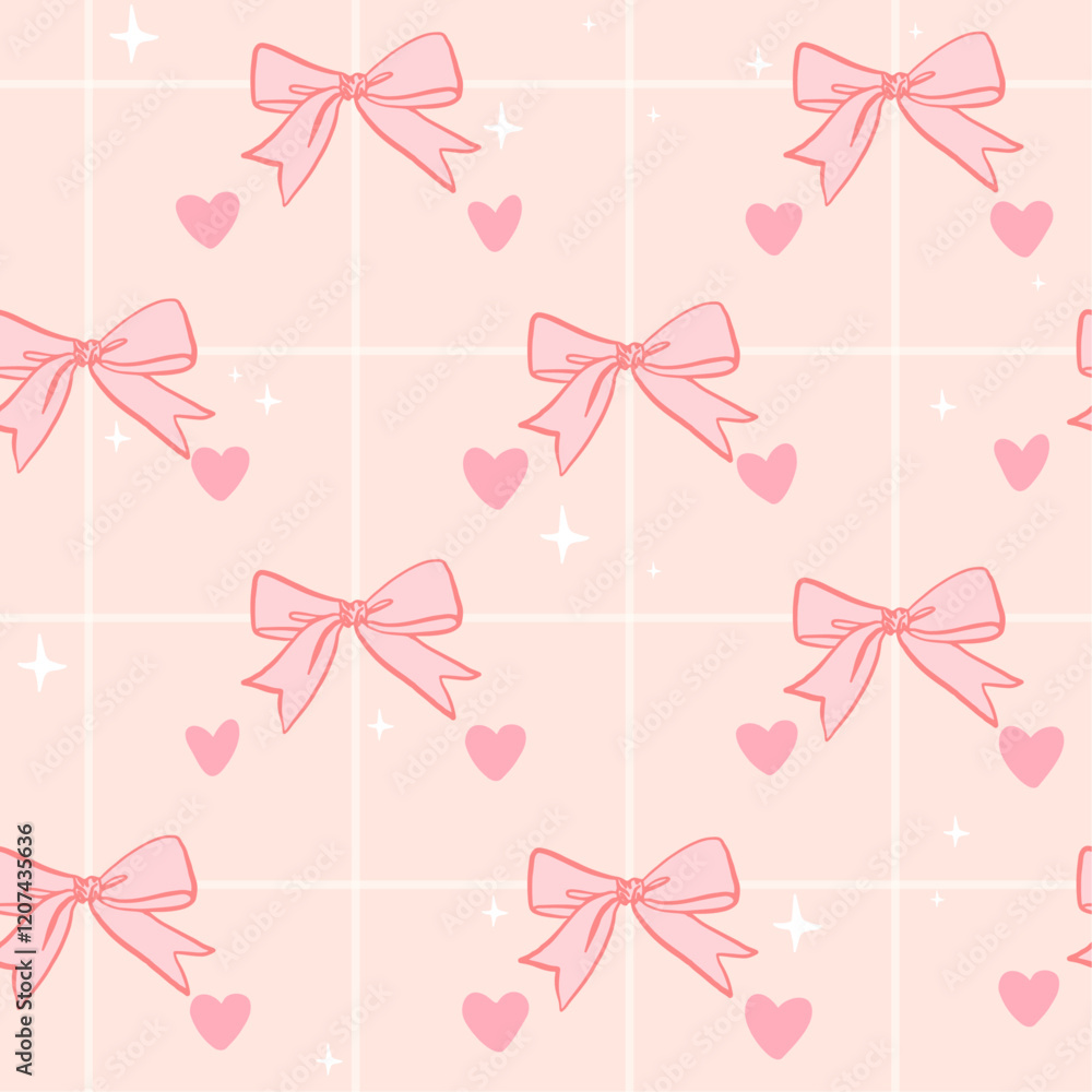 Pink seamless pattern with bows and hearts on checkered background ...