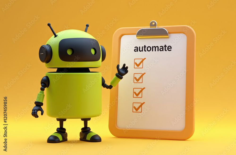 Cute robot promoting automation with checklist, cartoon illustration ...