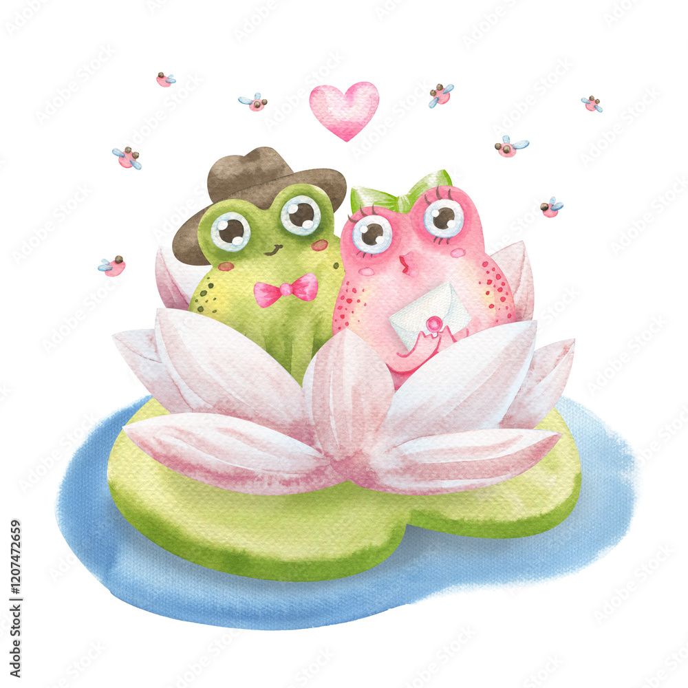 Cartoon frogs in love watercolor illustration isolated. Saint Valentine ...