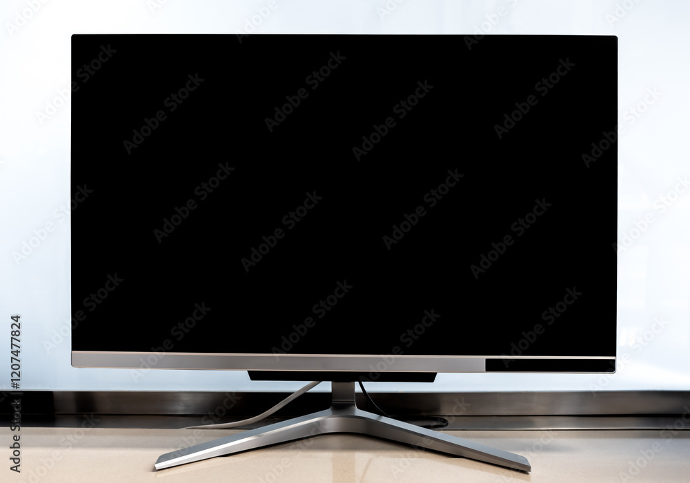 Empty black LCD screen of modern computer monitor on the table isolated ...